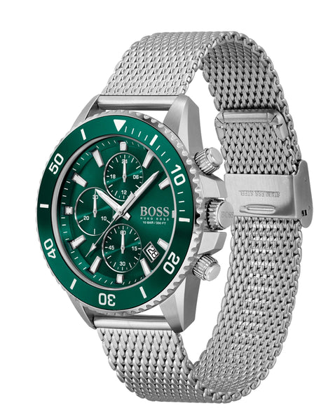 BOSS Mens Admiral Green Chronograph Dial Mesh Bracelet Watch